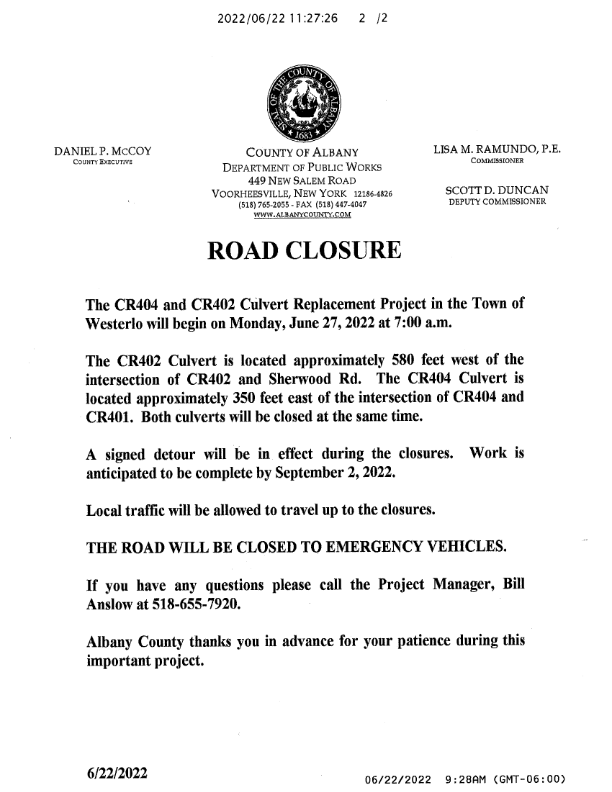 CR402 and CR402 road closure - Town of Westerlo