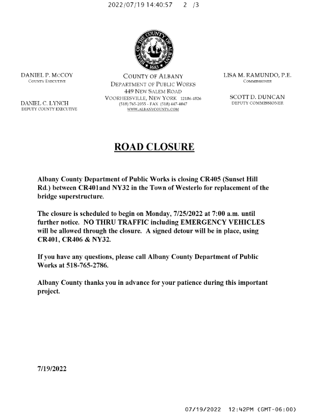Road closure - Sunset Hill Rd (CR405) between CR401 and NY32 - Town of ...